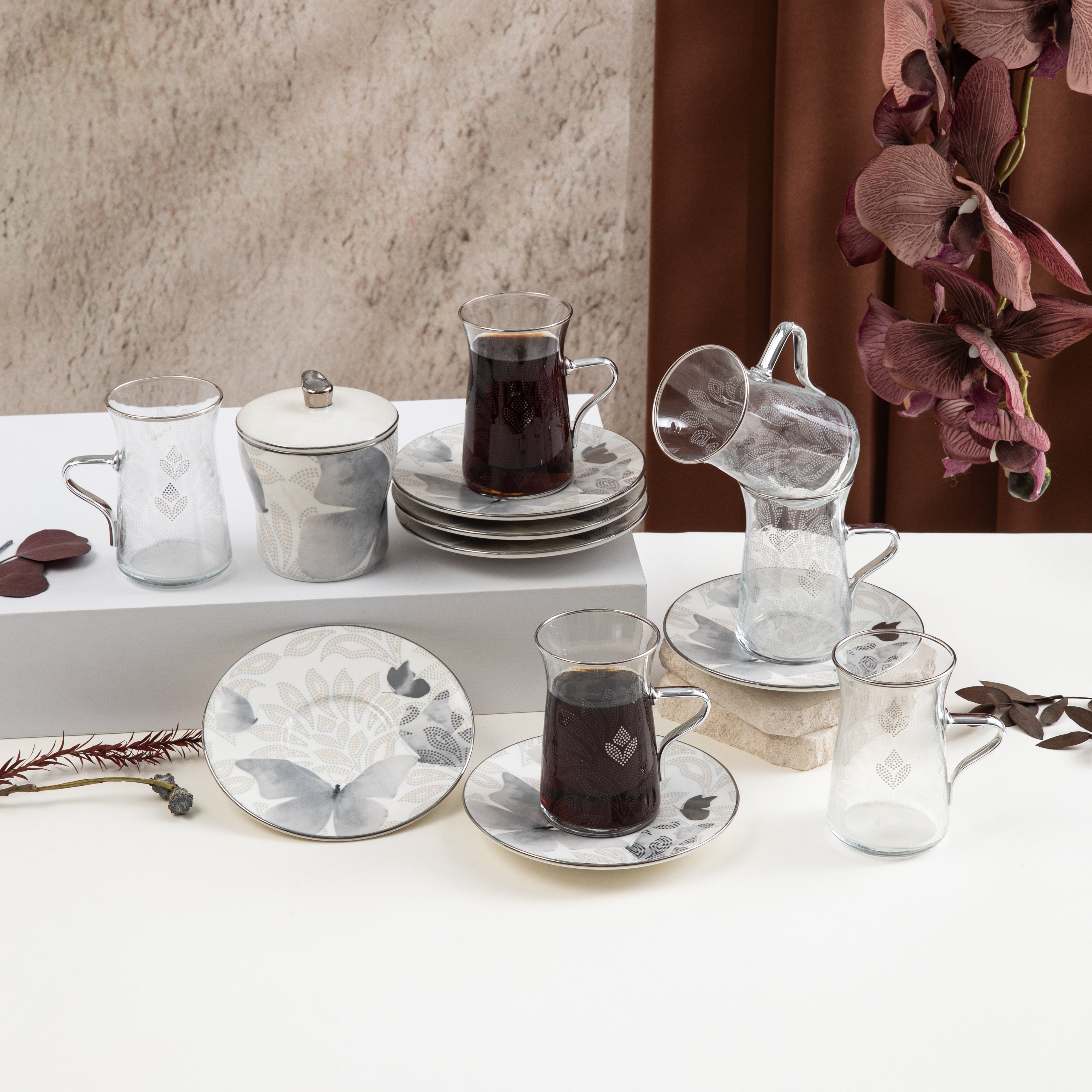 Tea Glass Set 13 Pcs From Veloura - Grey + Silver – Otantik UAE