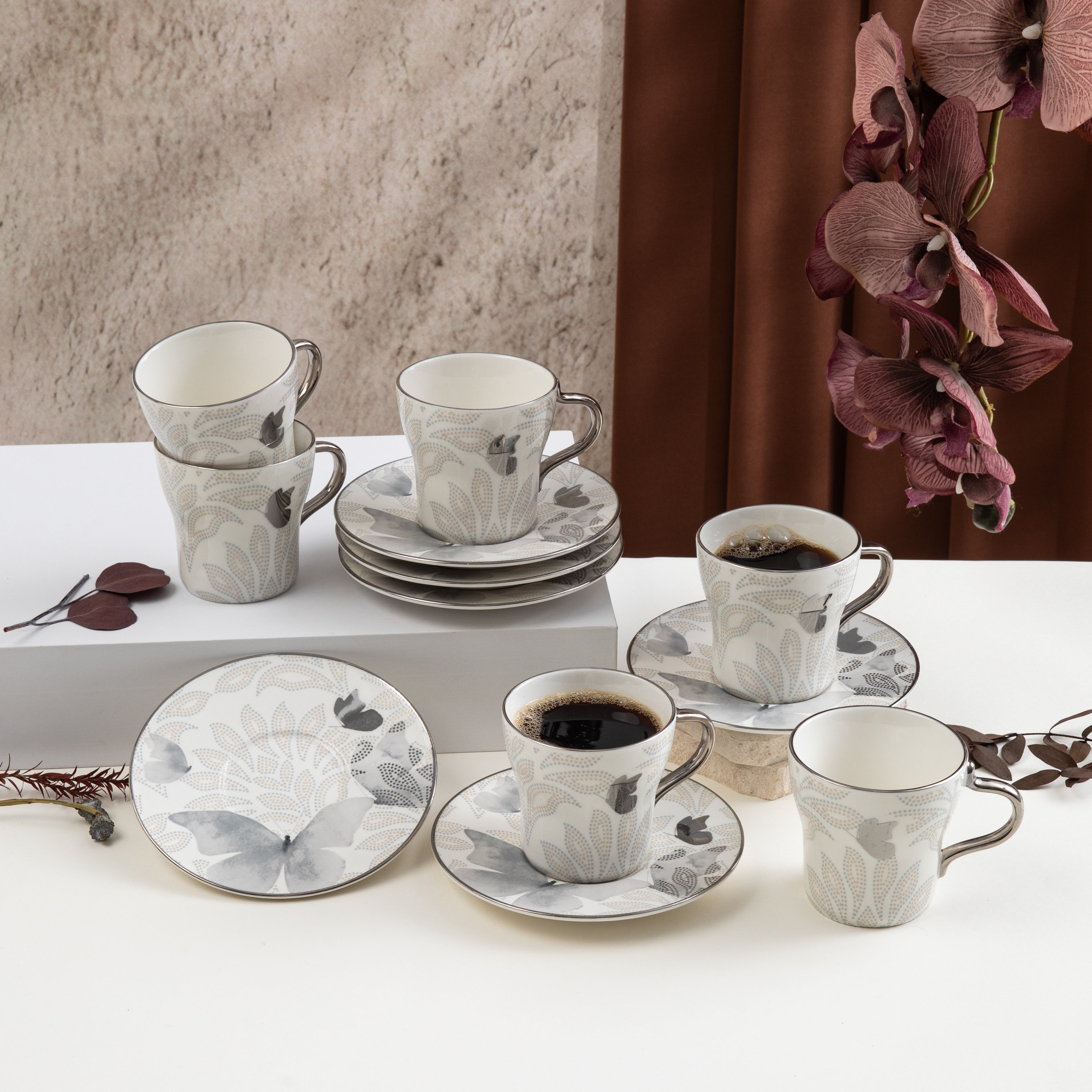 Porcelain Tea Set 12 Pcs From Veloura - Grey + Silver – Otantik UAE